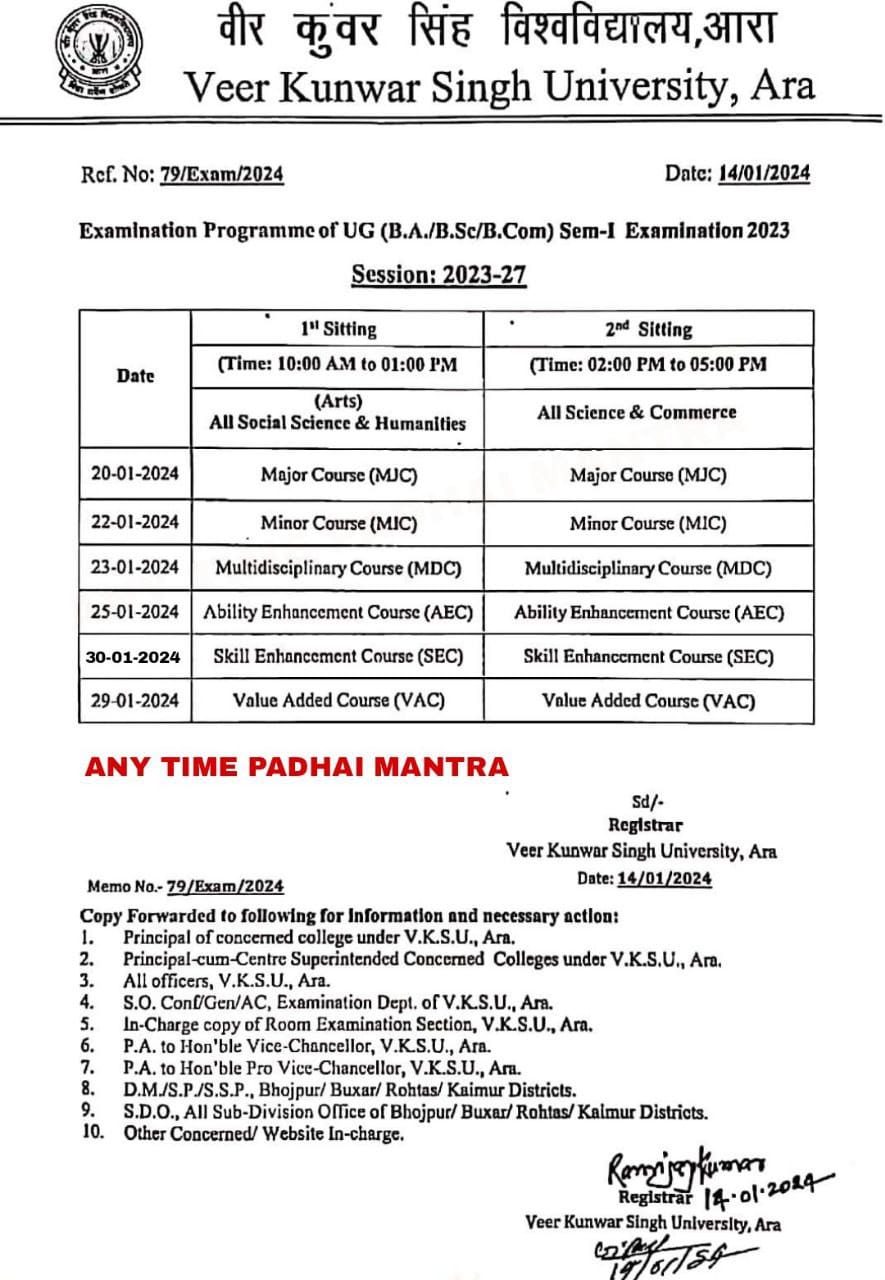 Vksu Ug Semester 1 Exam Routine Session 2023 2027 St Result