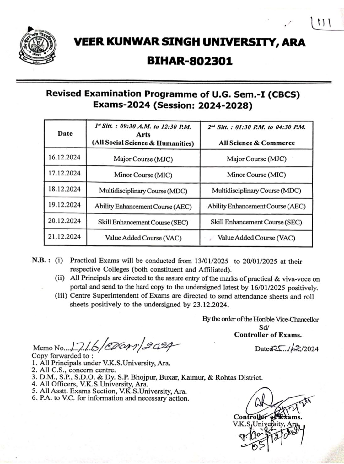 Vksu Ug Semester 1 Exam Routine Session 2024 2028 St Result